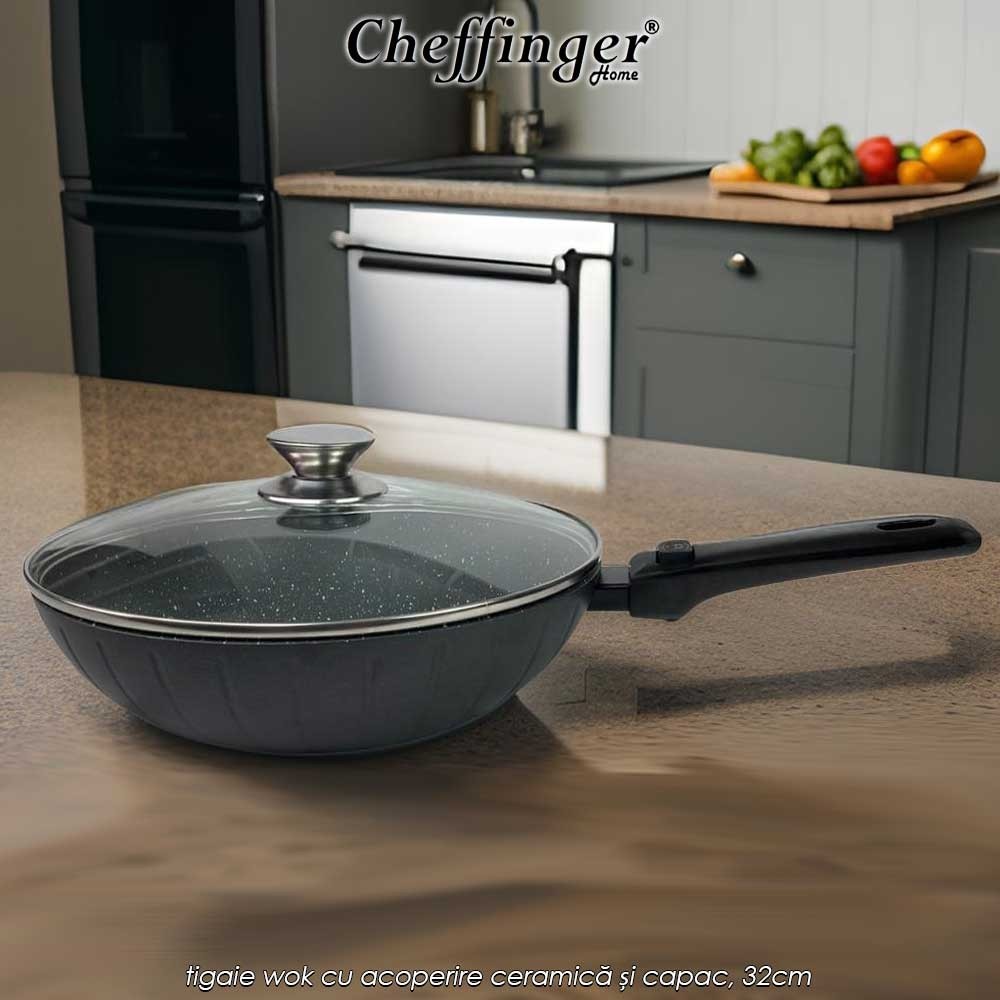 🍳Cheffinger Home FWD32 | preț179lei | tigaie wok cu acoperire ceramică și capac, 32cm | Telestar