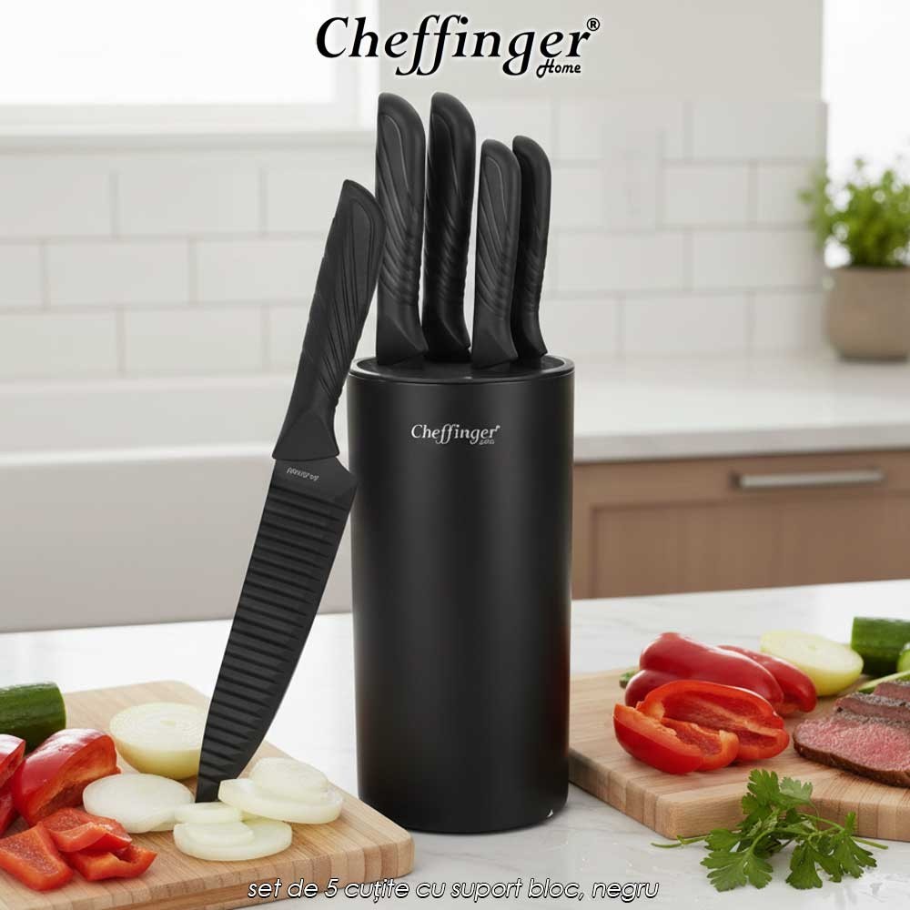 🔪Cheffinger Home KB02 | preț 99lei | set de 5 cuțite cu suport bloc, negru |Telestar